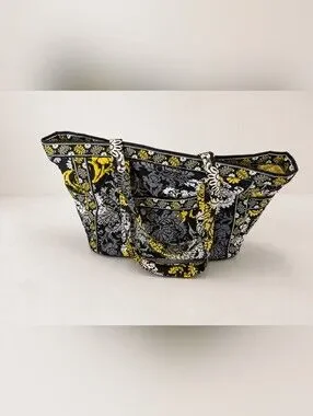 Bags | Quilted Floral Tote Bag In Black And Yellow | Poshmark